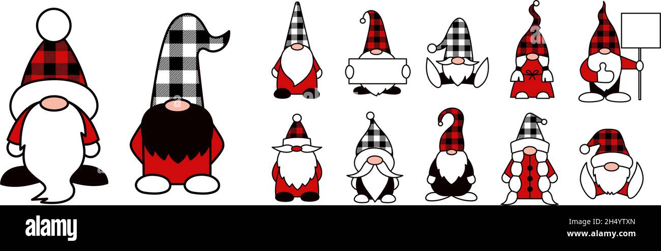 Christmas gnomes isolated illustrations. Buffalo check plaid. Red black ...