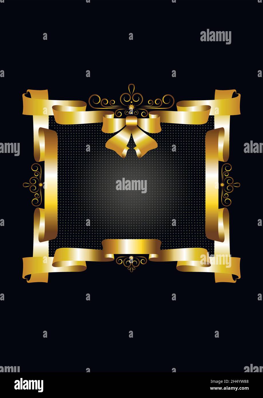 Vintage style square frame made of gold ribbons with a bow decorated ...