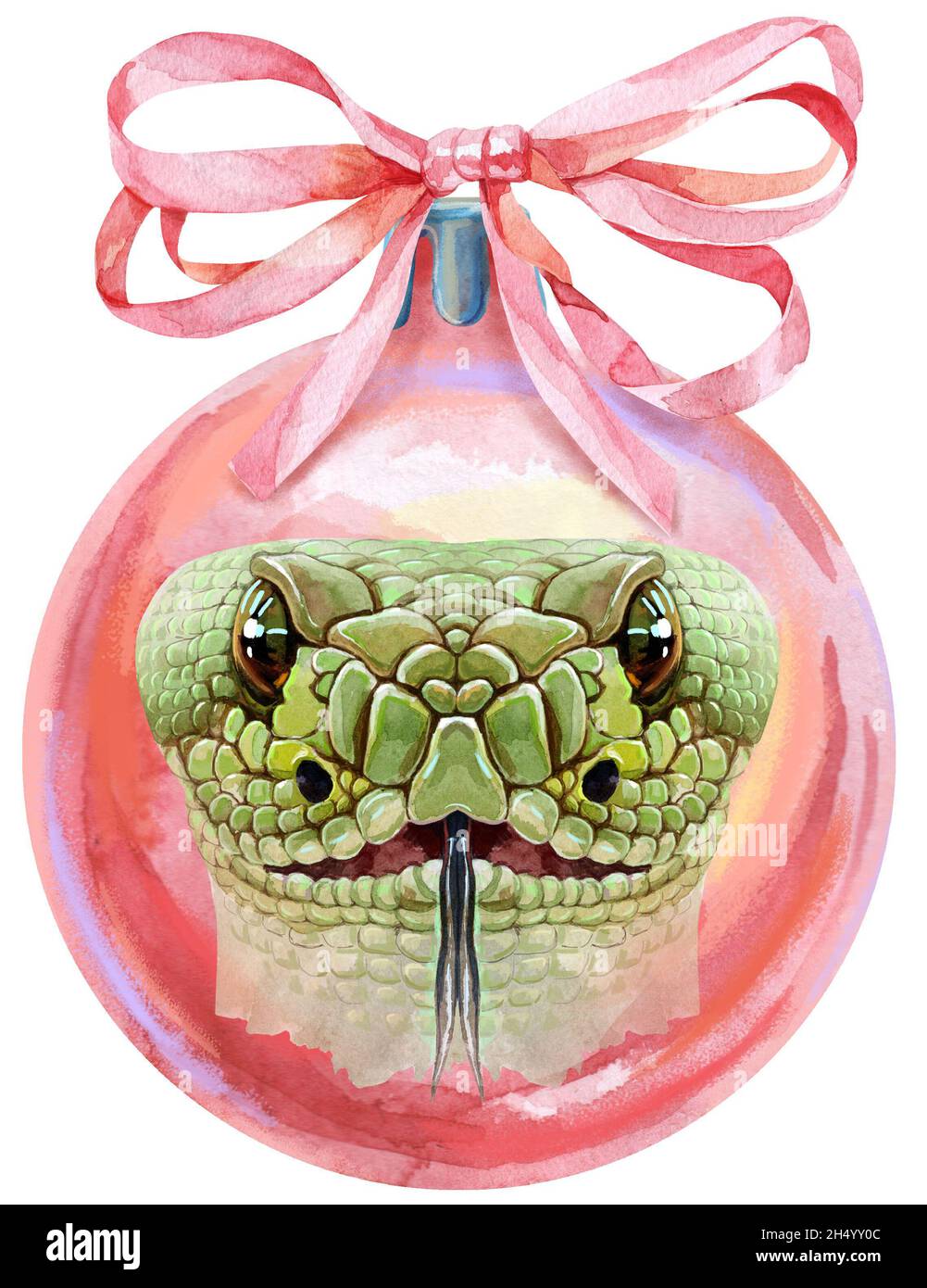 Watercolor Christmas pink ball with snake isolated on a white ...