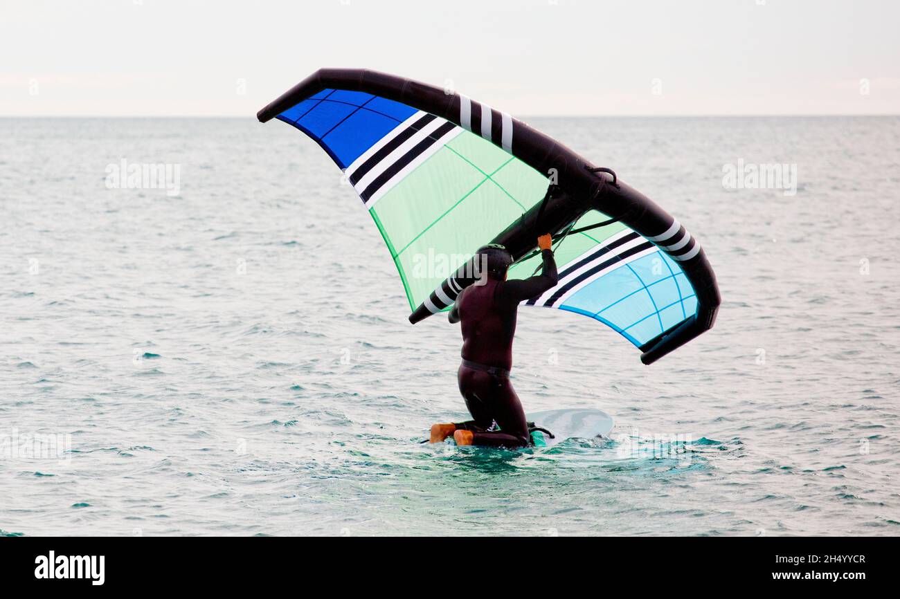 sportsman with wingfoil sailing, in the sea Stock Photo - Alamy