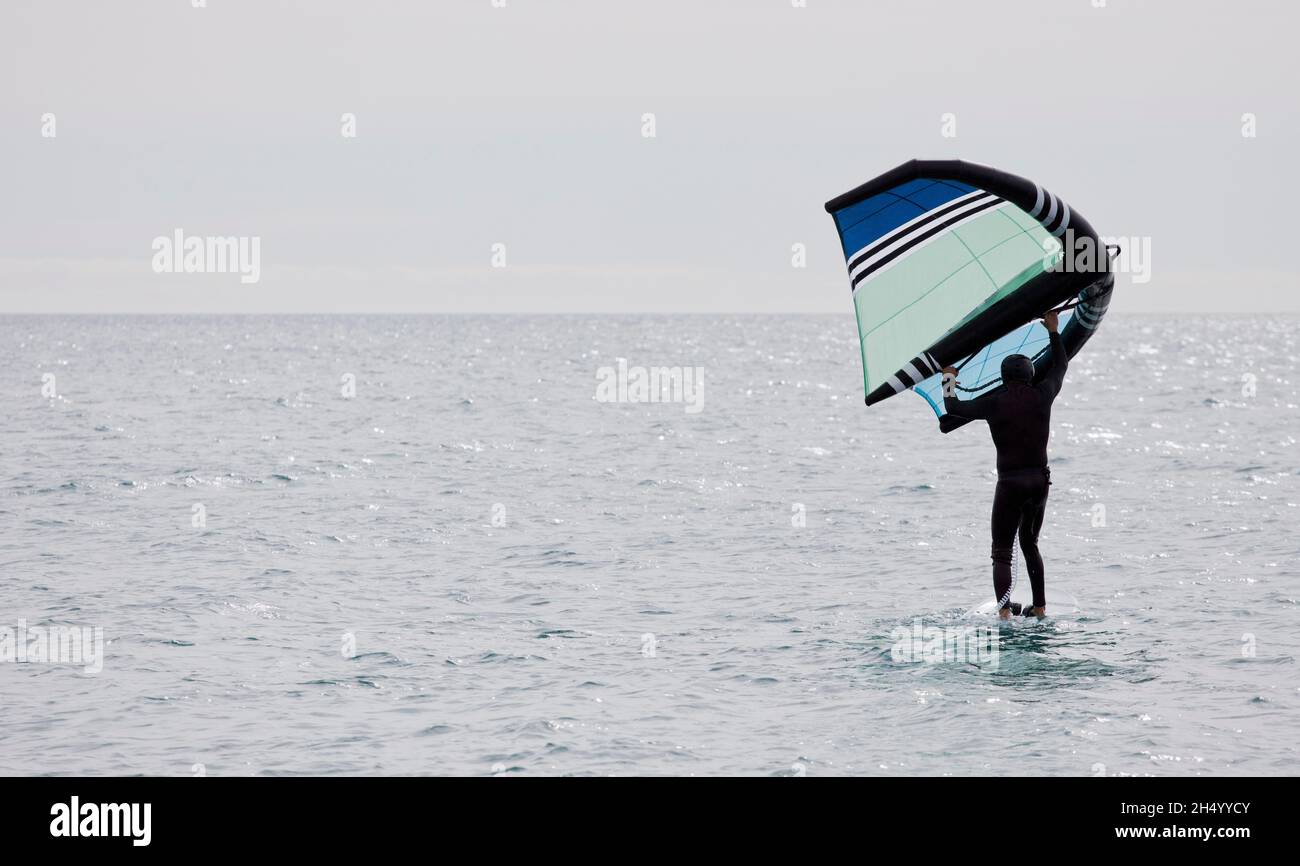 sportsman with wingfoil sailing, in the sea Stock Photo - Alamy