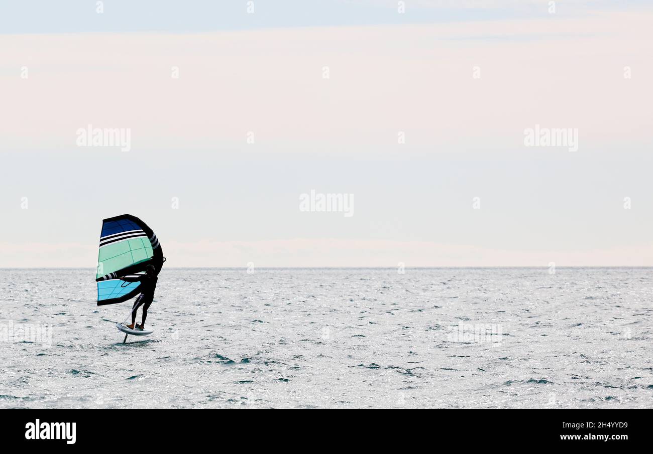 sportsman with wingfoil sailing, in the sea Stock Photo - Alamy