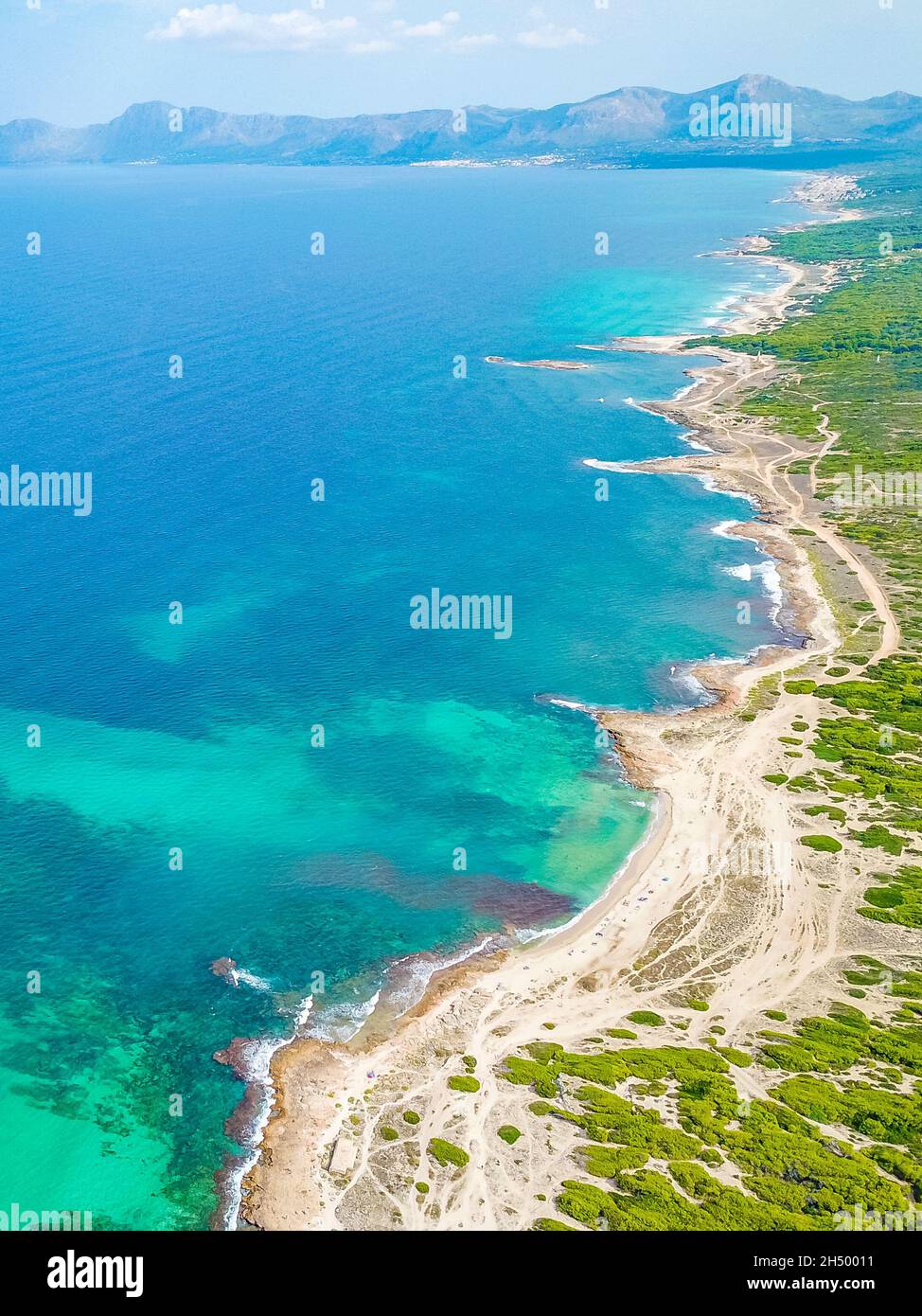 Natural coastal and beach landscape drone panorama with turquoise water ...
