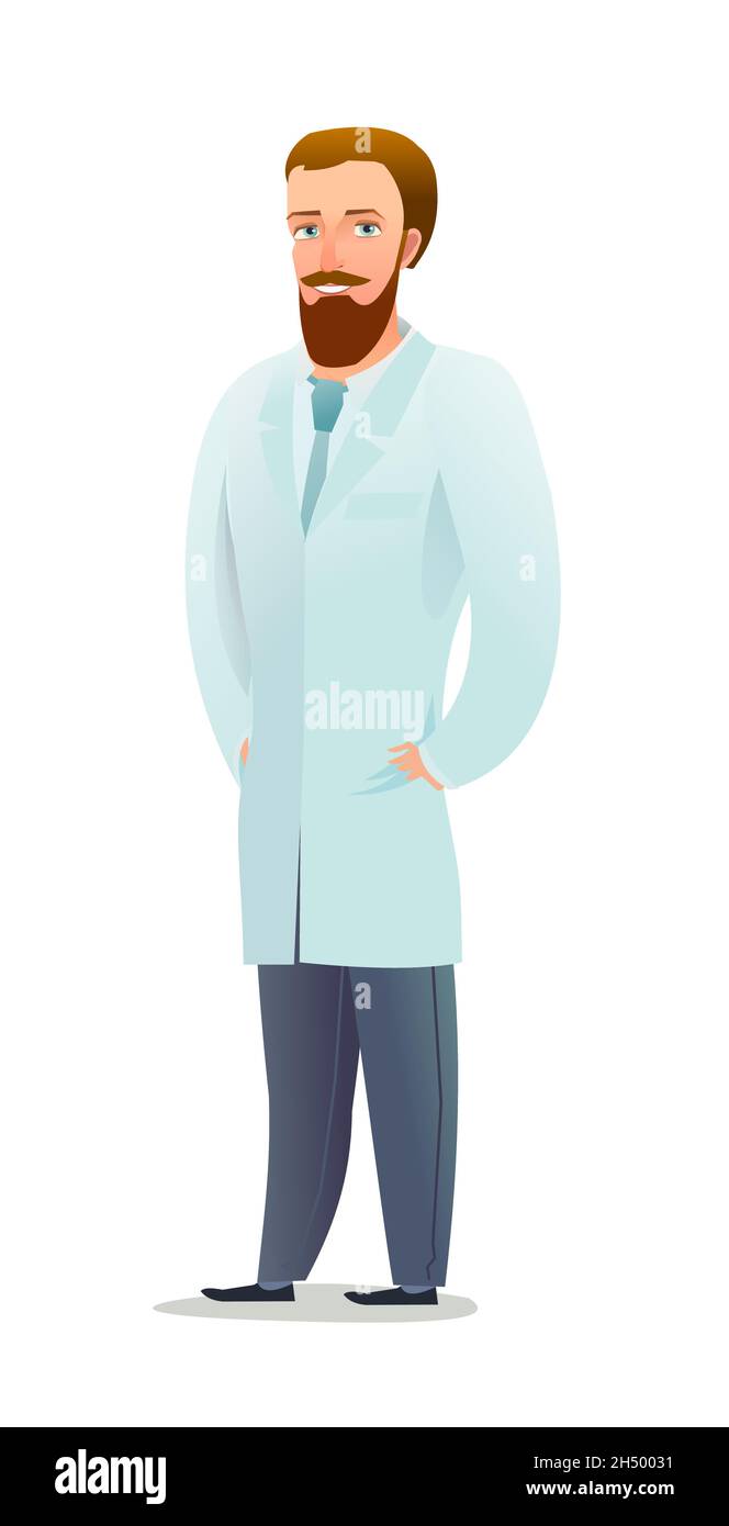 Optimistic doctor in dressing gown. Cheerful persons in standing pose ...