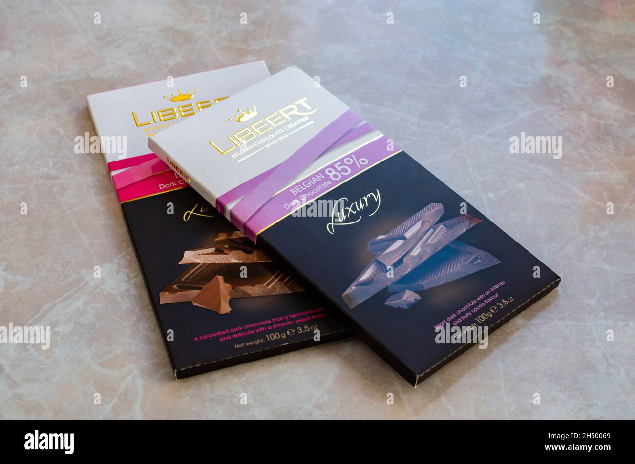 Kyiv, Ukraine - March 11, 2020: Chocolate bars Libeert on marble table ...