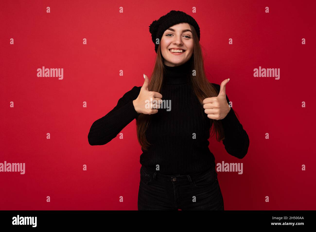 Photo of young positive happy attractive brunette woman with sincere ...