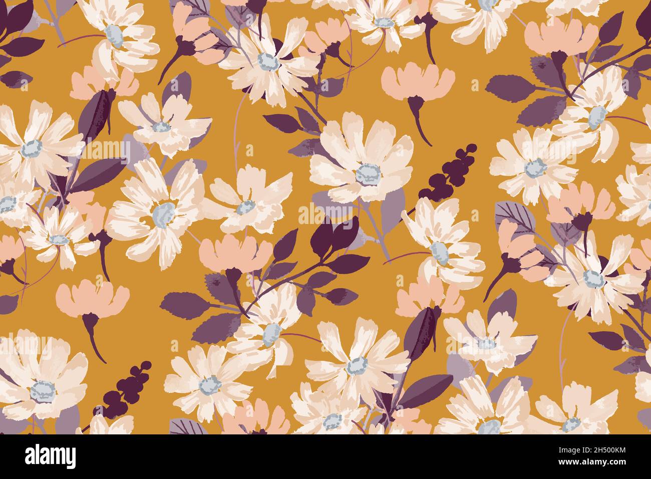 Beautiful autumn floral seamless pattern in warm orange color. Chintz print with wildflowers ...