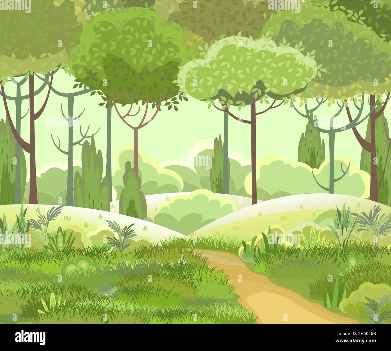Road. Obliquely. Amusing beautiful forest landscape. Cartoon style. The ...