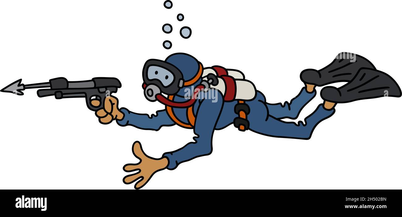 Hand darwing of a funny diver in a blue neoprene with the harpoon gun ...