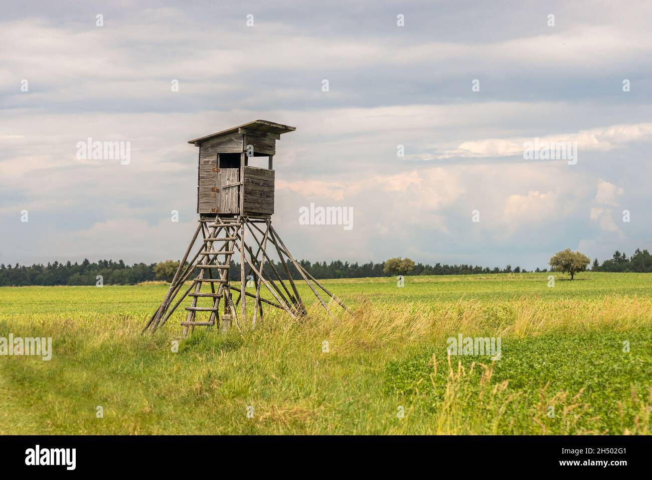 hunting blind on a field, in the background the sky with white clouds ...