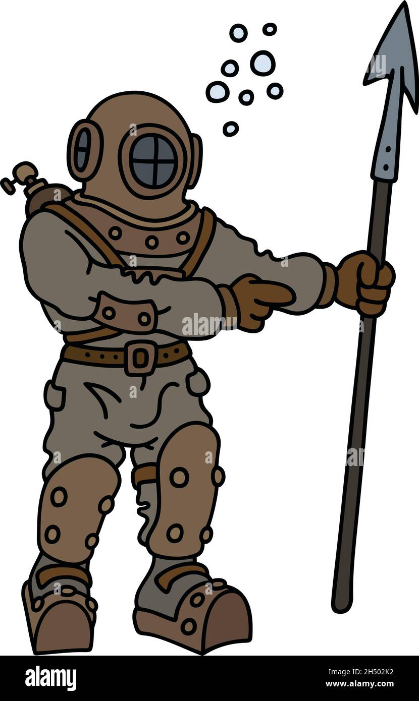 Hand drawing of a vintage underwater deep diver with a harpoon Stock ...