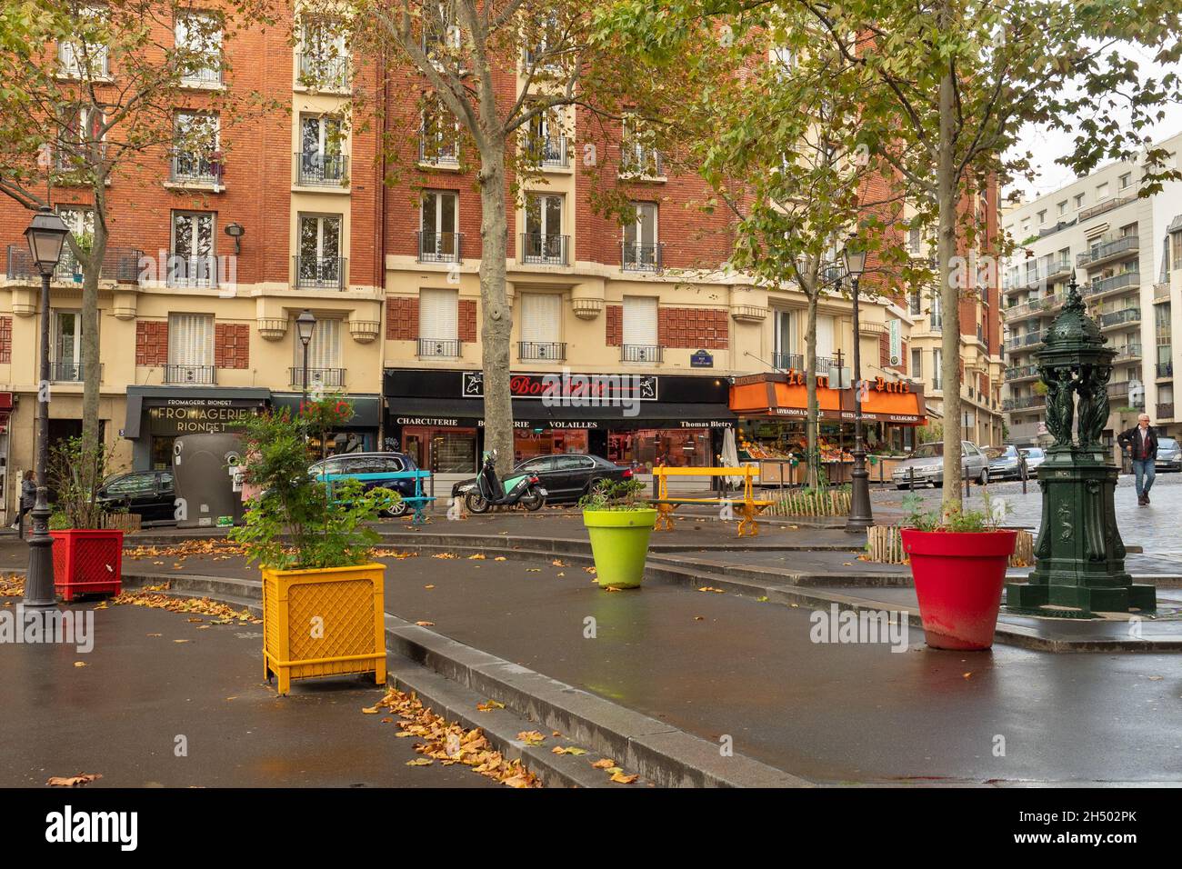 Paris, France - November 5th 2019: Colorful tree pots at Place Edith ...