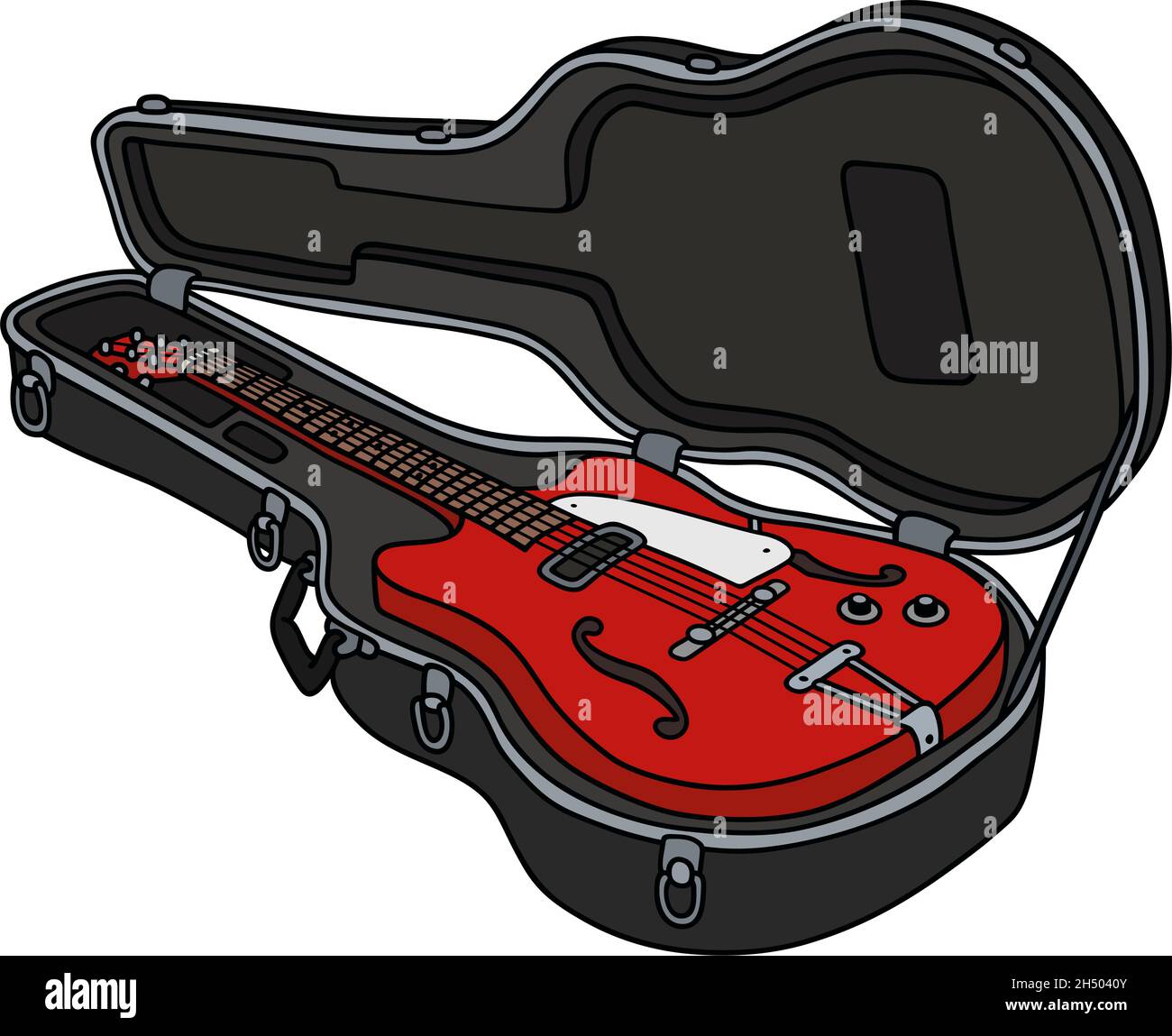Hand drawing of the classical red electric guitar in a black hard case ...