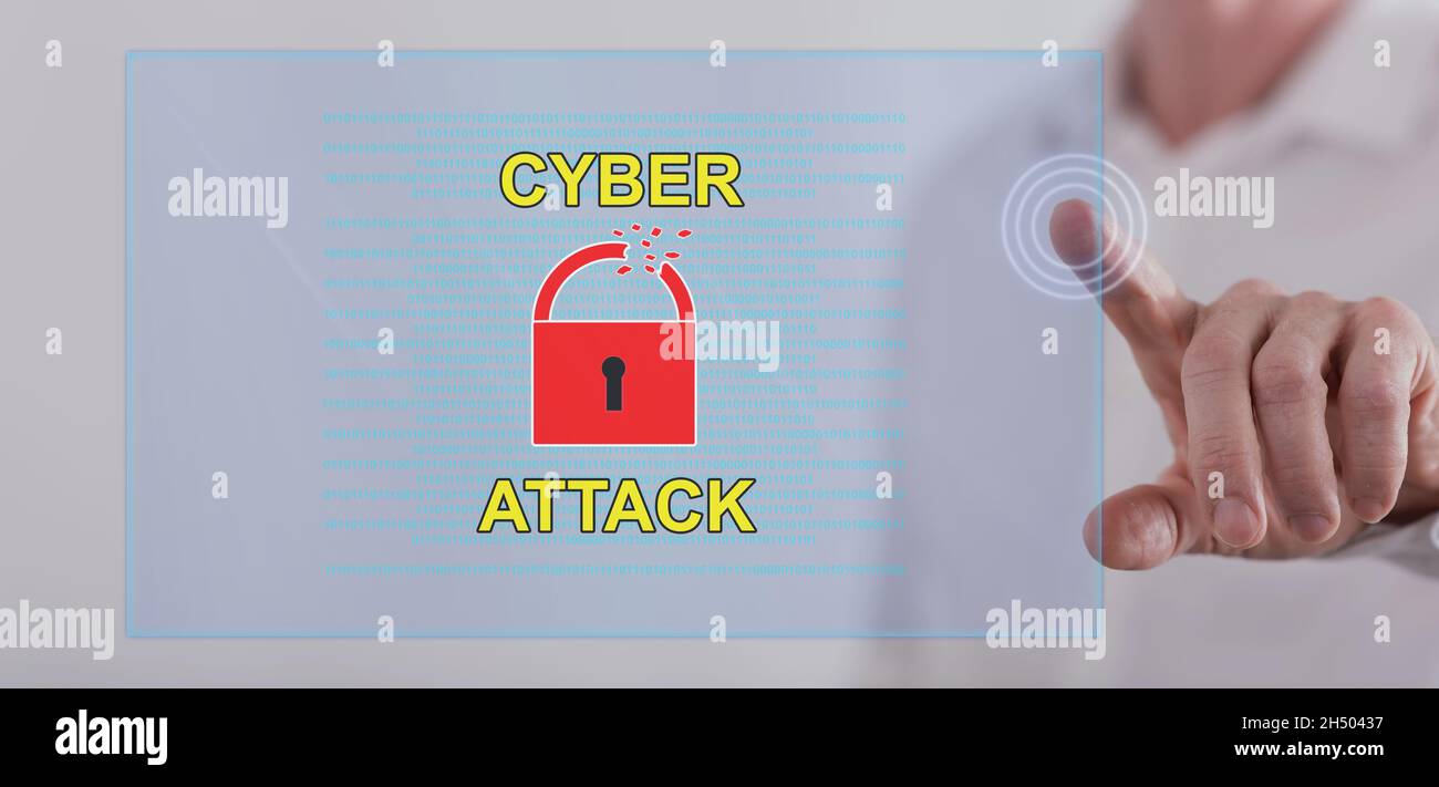 Man touching a cyber attack concept on a touch screen with his finger ...