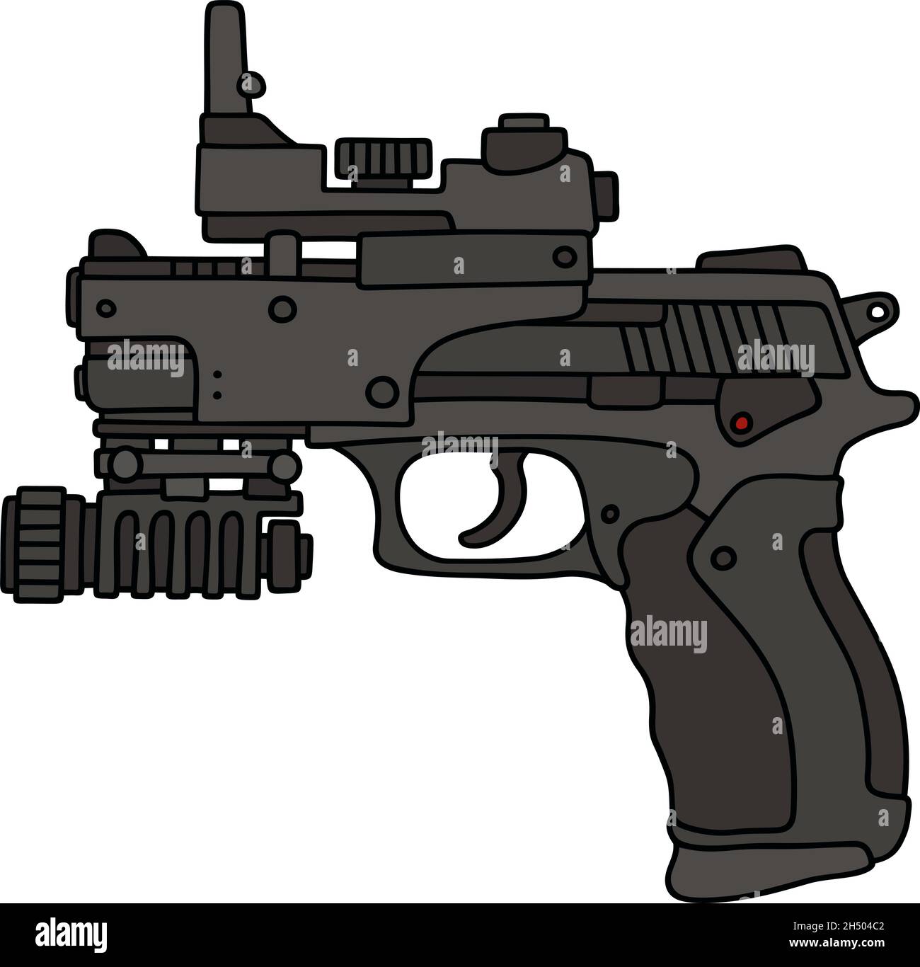 Hand drawing of a recent black automatic handgun with an optical sight ...