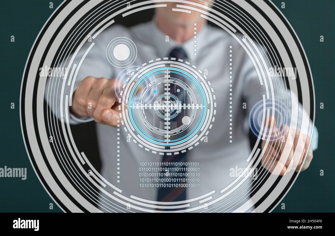 Man touching a virtuel technology concept on a touch screen with his ...