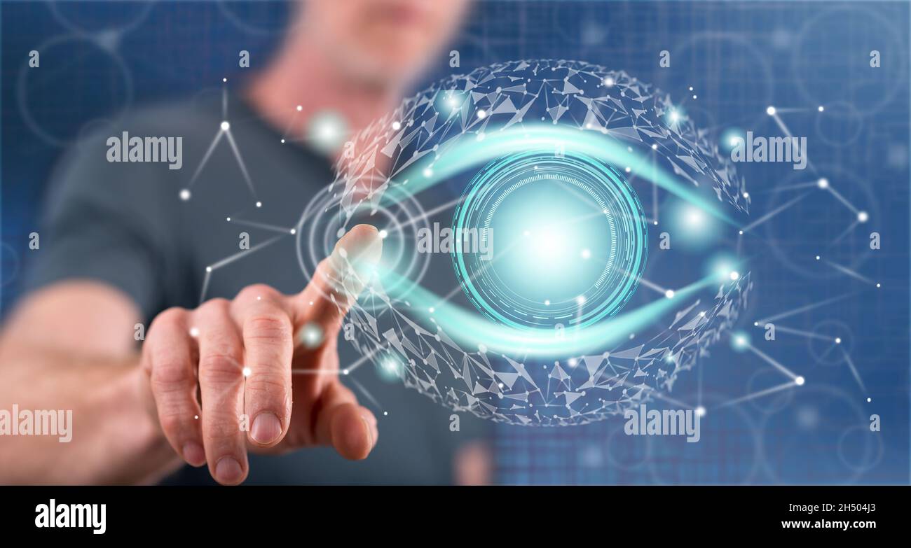 Man touching a digital eye concept on a touch screen with his finger ...