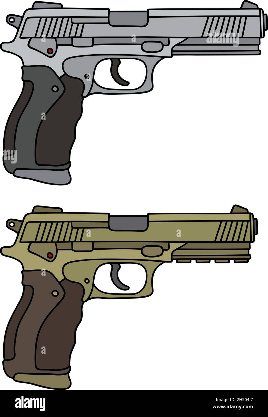 Hand drawing of recent silver and golden big automatic handguns Stock ...
