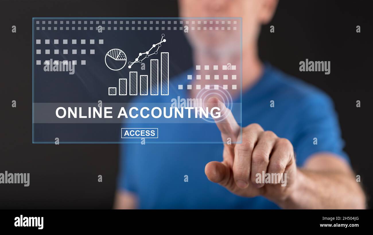 Man touching an online accounting concept on a touch screen with his ...