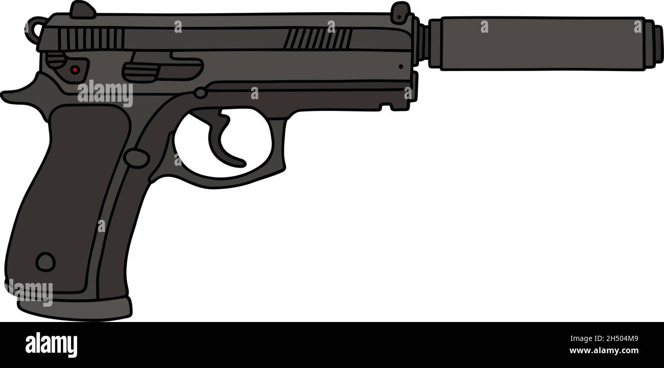 Hand drawing of a black automatic handgun with a silencer Stock Vector ...