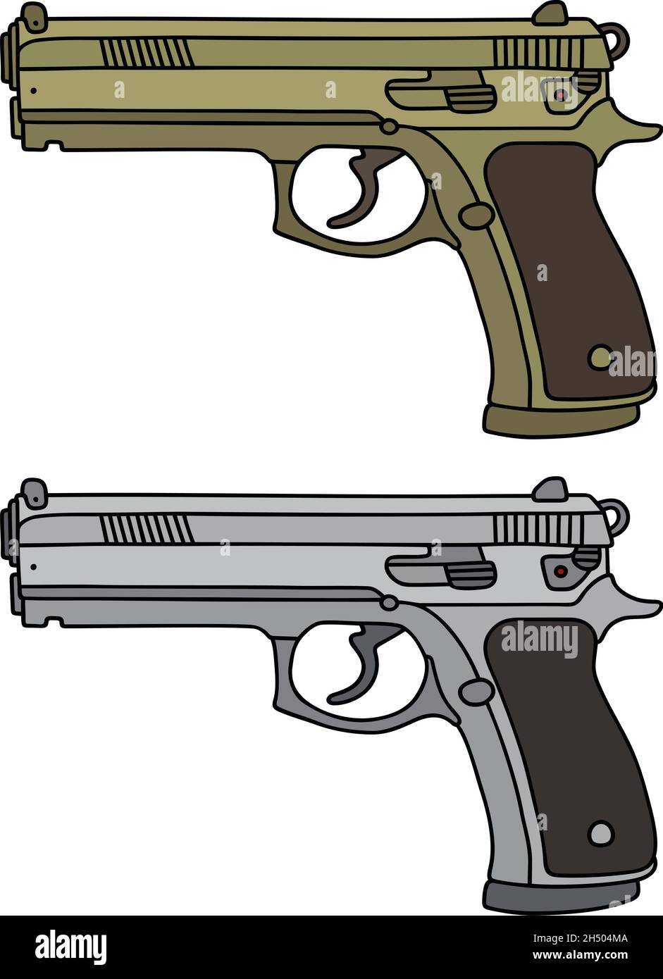 Hand drawing of recent silver and golden big automatic handguns Stock ...