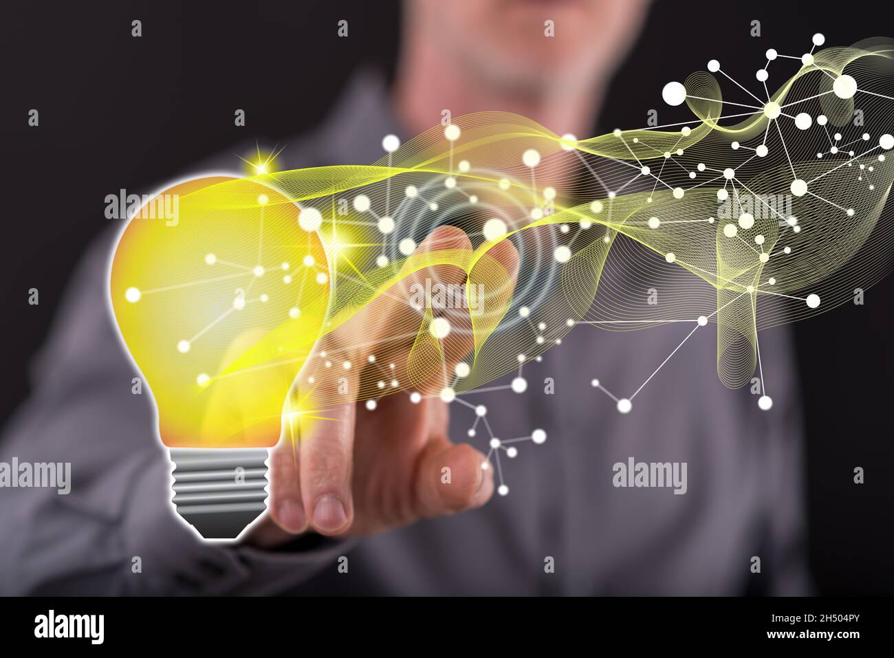 Man touching a technology innovation concept on a touch screen with his ...