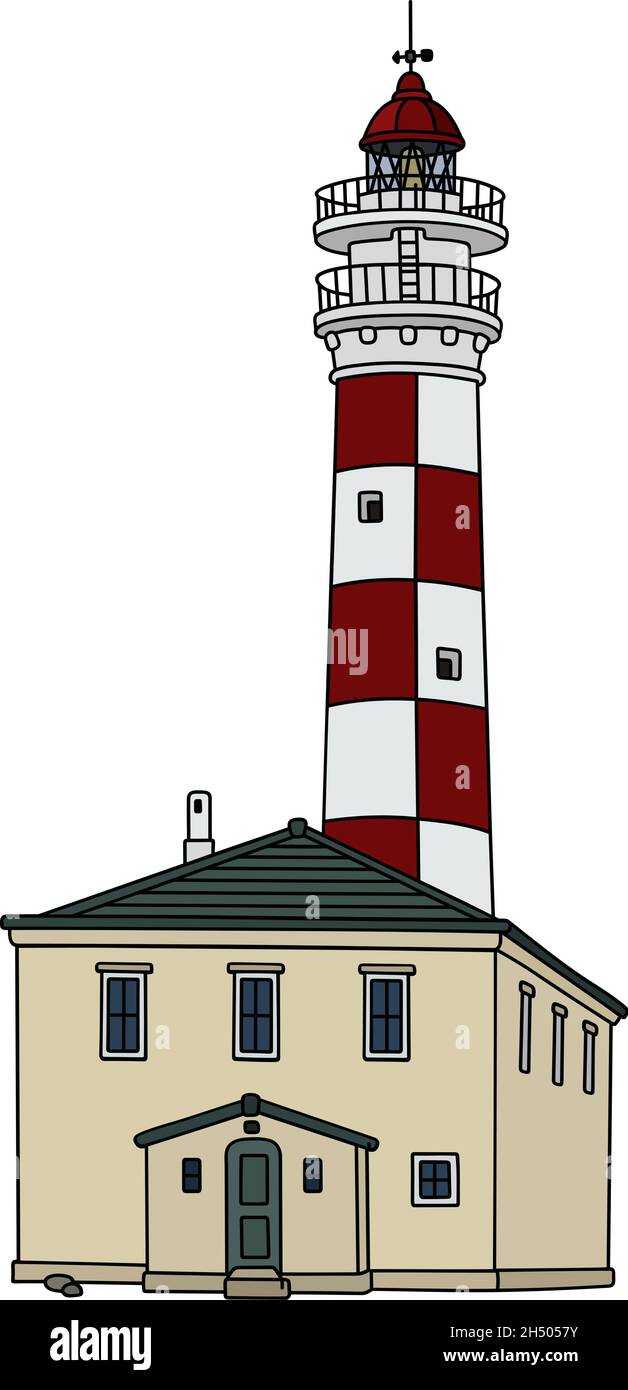 Hand drawing of a classic stone building with red and white lighthouse ...
