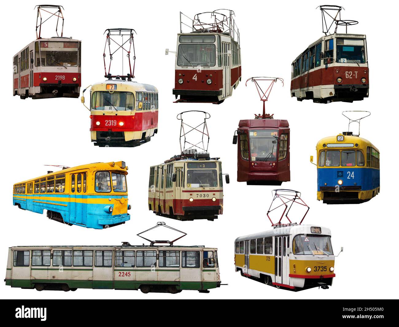 Set of diffirent trams. Trams isolated pack. Urban vehicles collection ...