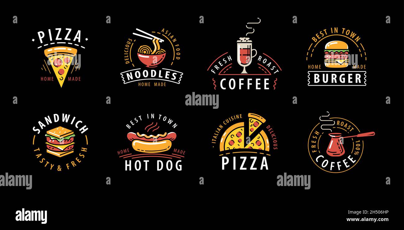 Food and drink set of labels on black background. Decoration for ...