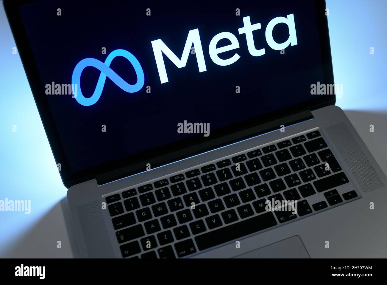 Laptop with Meta logo on display. New Mark Zuckerberg social. Computer ...