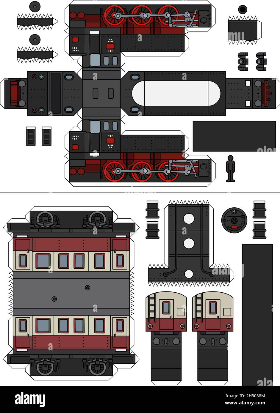 Paper model of a vintage steam locomotive and a coach Stock Vector ...
