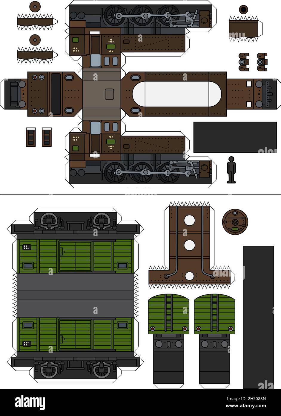 Paper model of a vintage steam locomotive and a green freight wagon ...