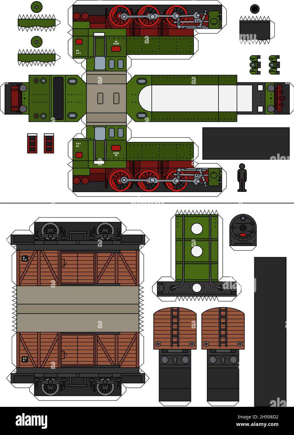 Paper model of a vintage green steam locomotive and a freight wagon ...