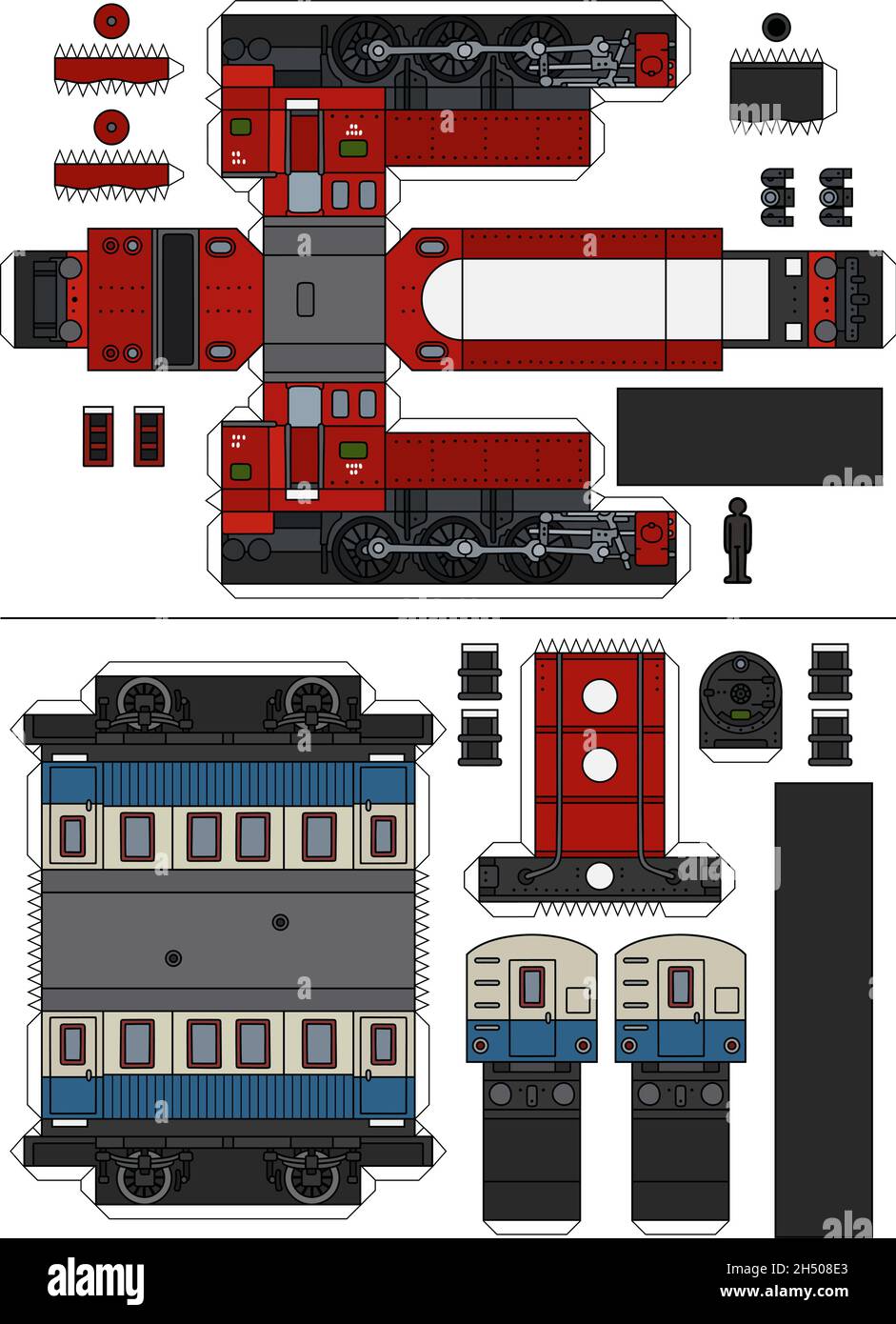 Paper model of a vintage red steam locomotive and a blue and cream ...