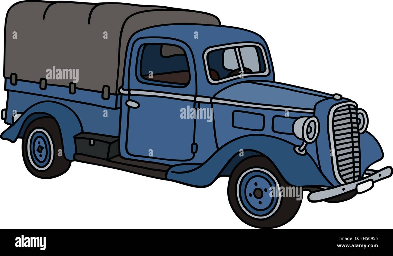 Hand drawing of a classic blue small cowered delivery truck Stock ...