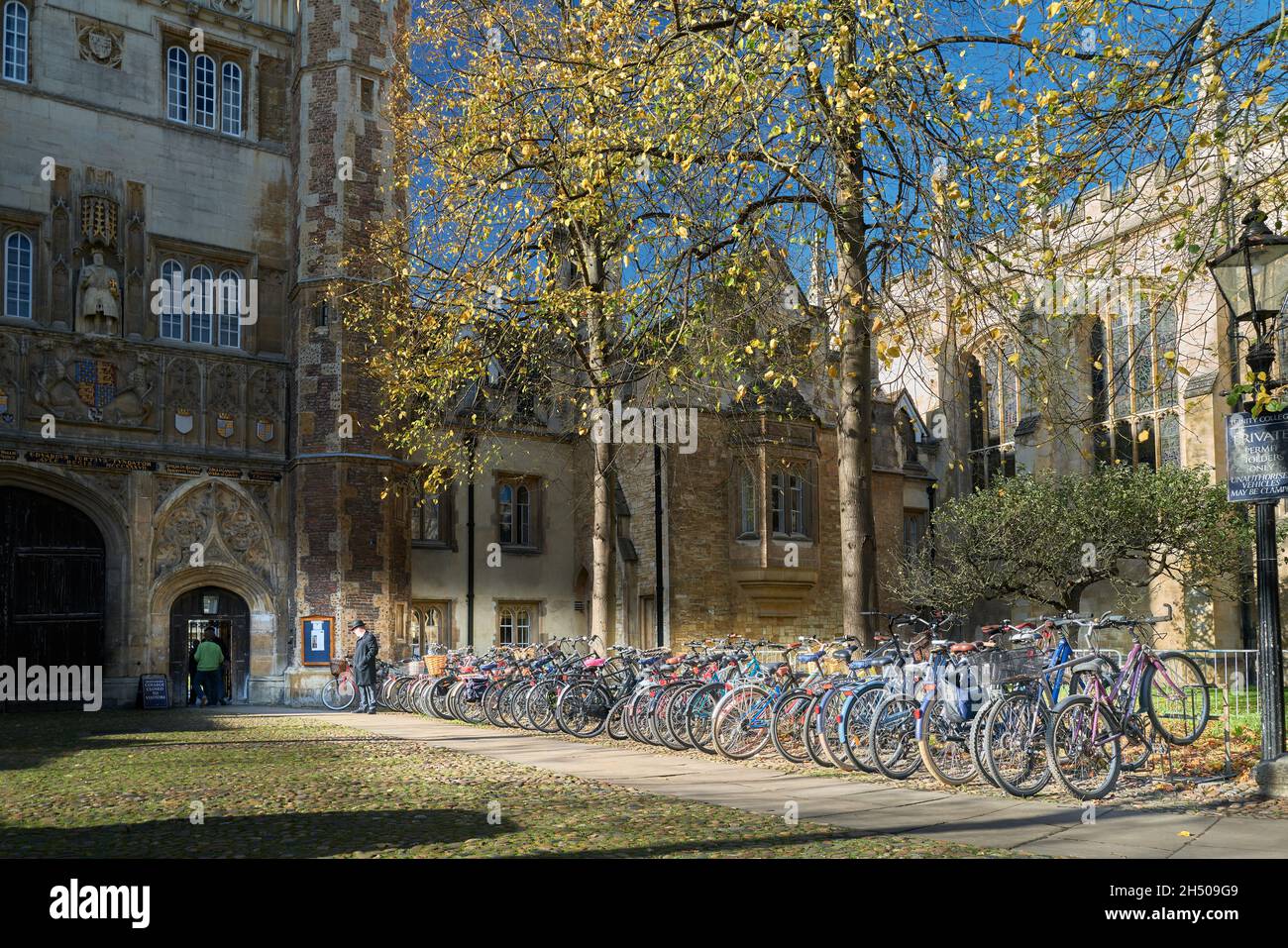 Line of bicycles neatly parked outside Trinity college, Cambridge ...