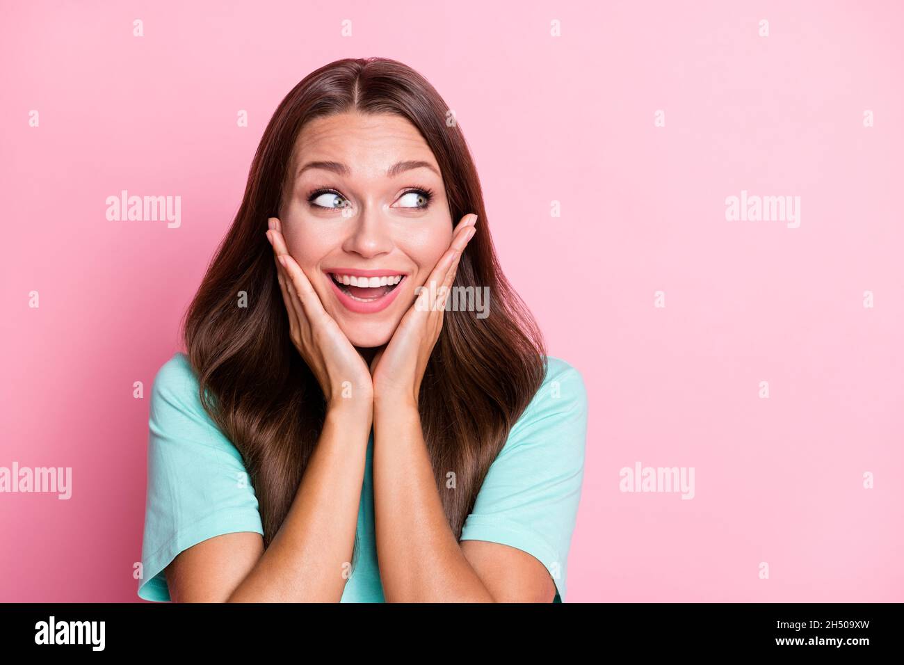 Photo portrait of impressed curious woman looking blank space touching ...
