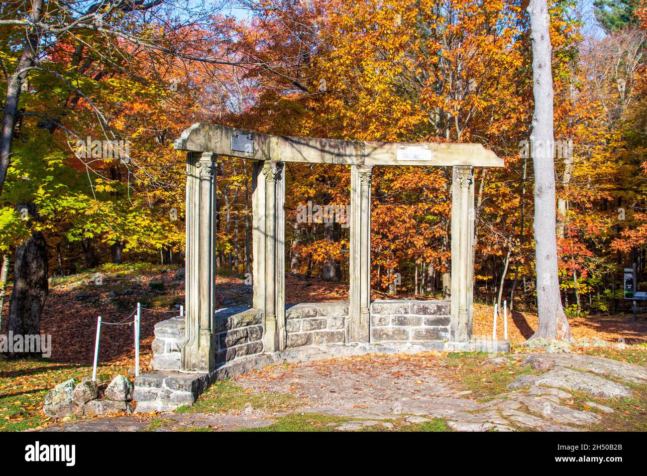 Ruins in front of fall colours in Gatineau Park, Quebec, Canada Stock ...