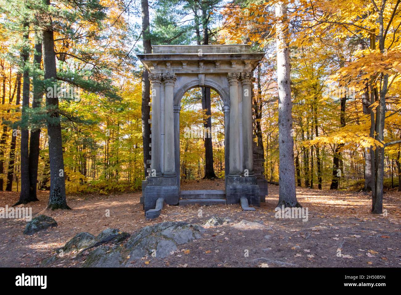 Ruins in front of fall colours in Gatineau Park, Quebec, Canada Stock ...