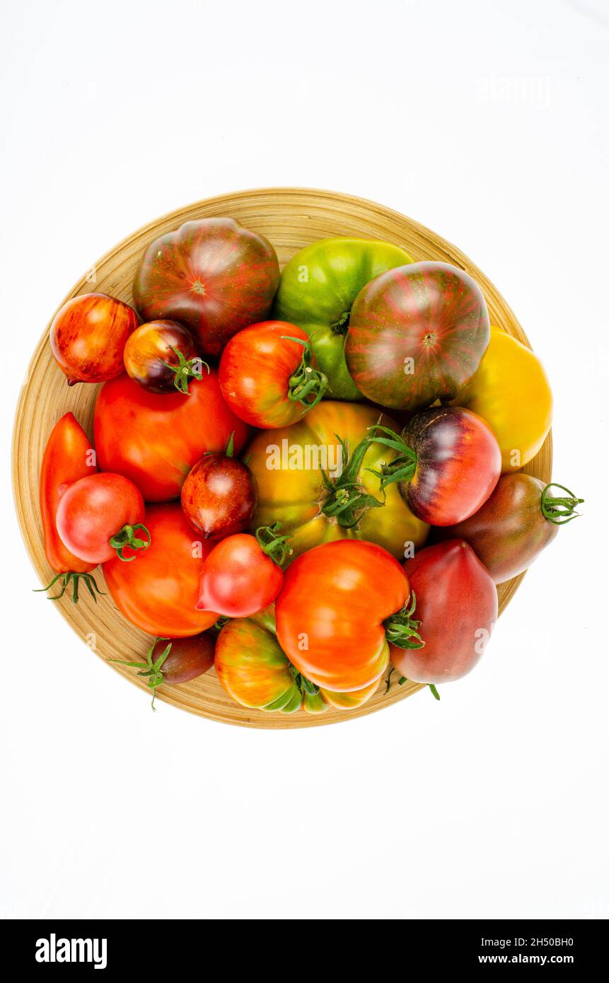 Colored tomatoes of different varieties on white background. Studio ...