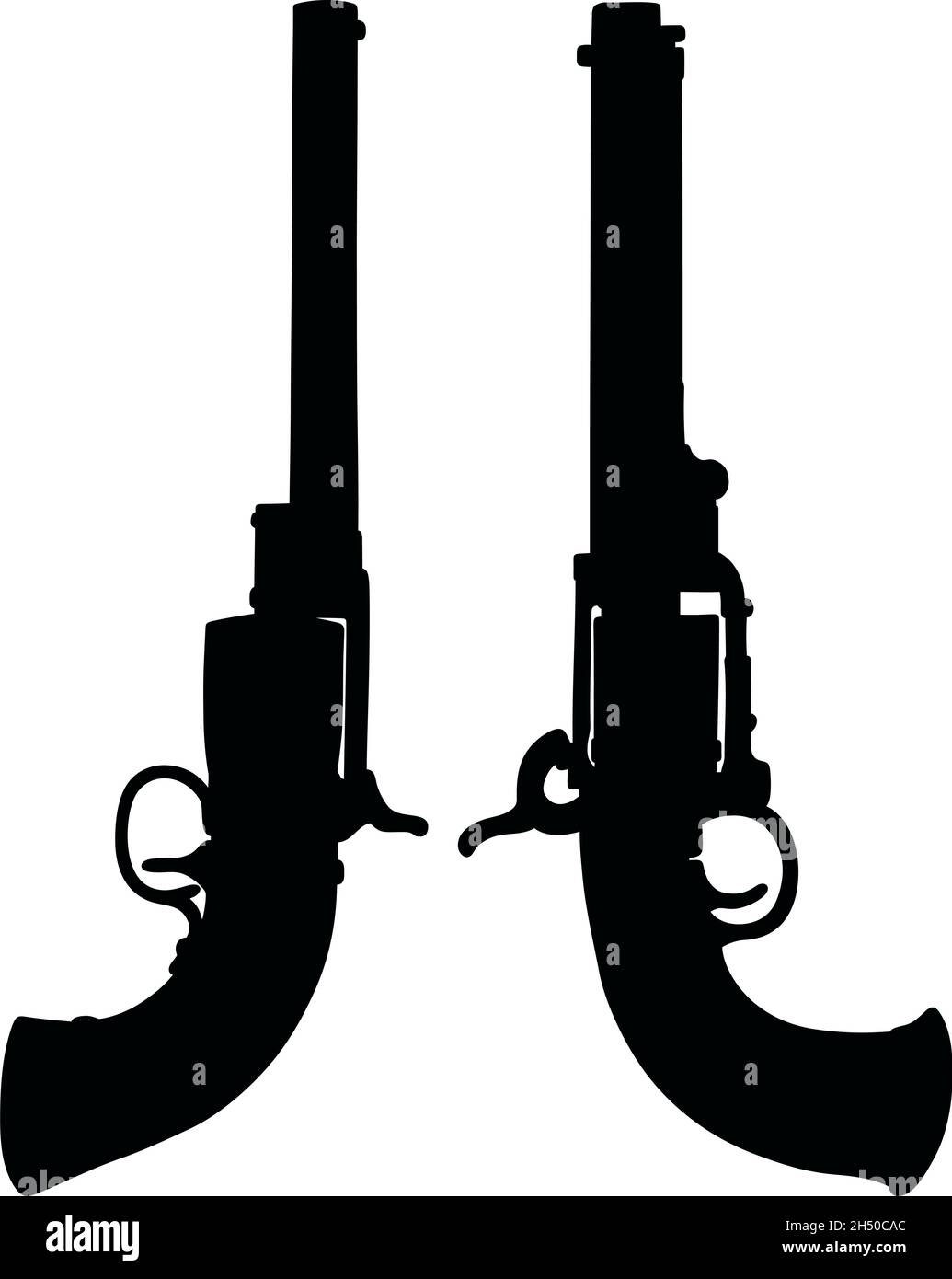 Hand drawing of a black silhouette of two vintage revolvers Stock ...