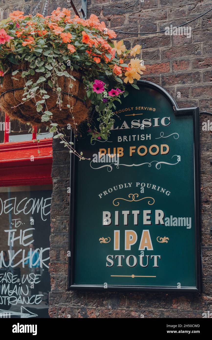 London, UK - October 17, 2021: Sign outside Anchor pub in Bankside, a ...