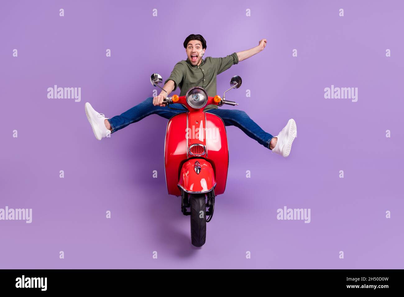 Full body photo of cool cheerful crazy young man ride bike speed winner ...