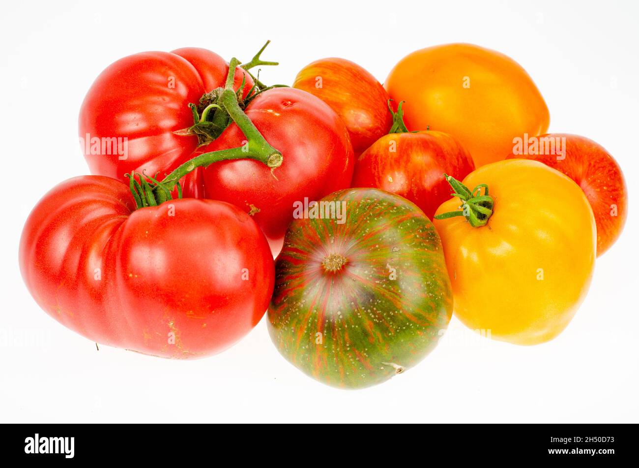 Tomatoes of different varieties and colors on white background ...