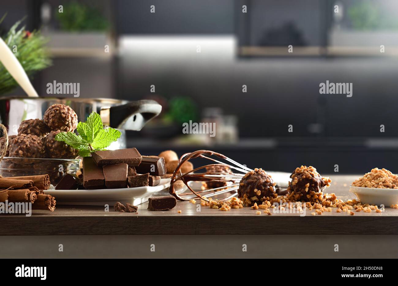 Chocolate sweets for the event holidays freshly made on a kitchen bench ...