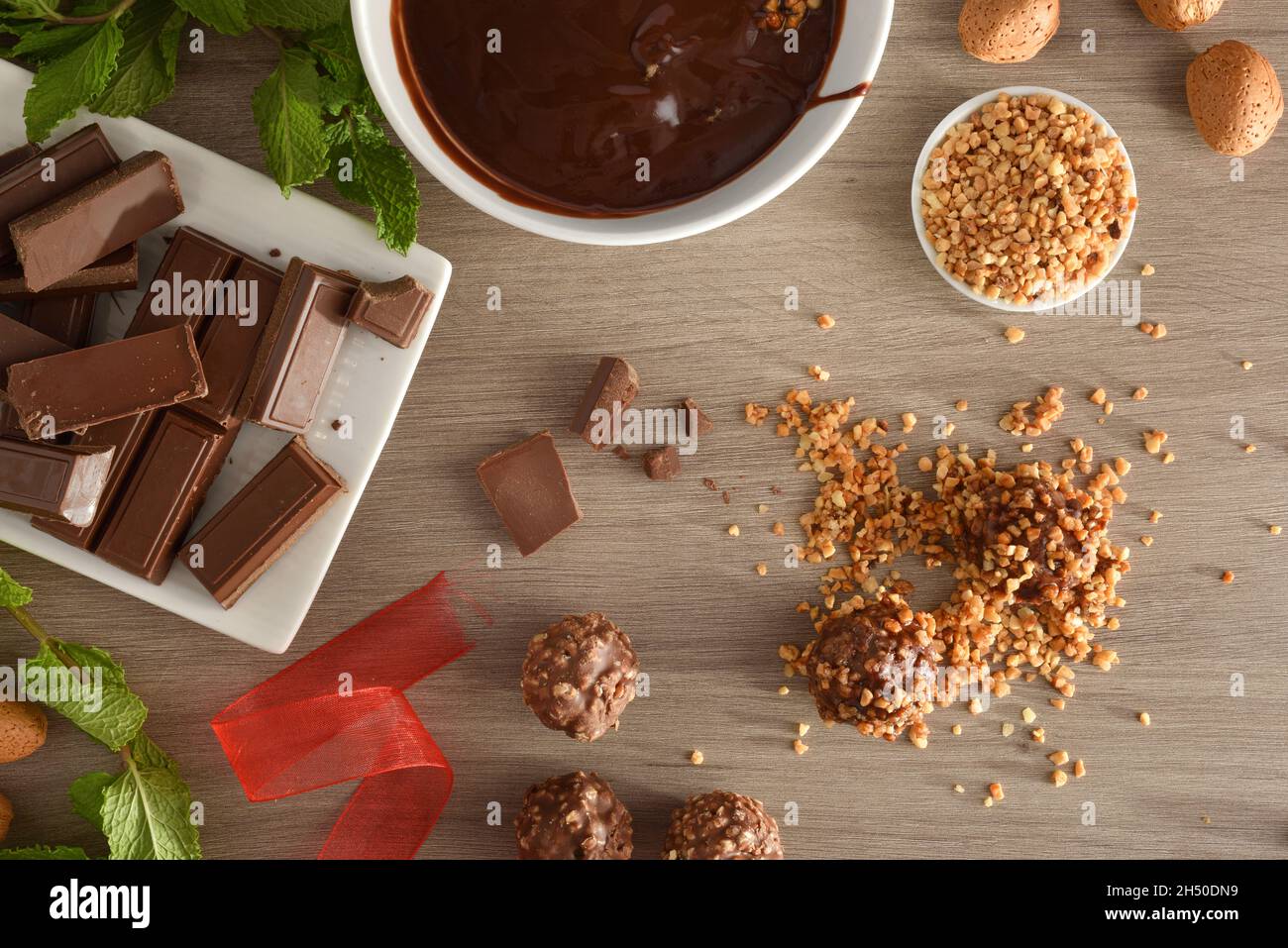 Chocolate sweets for holiday event freshly made on a kitchen bench with ...