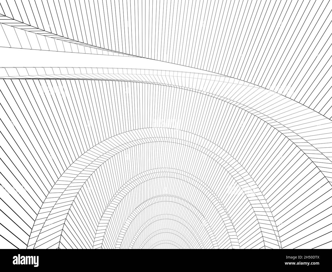 Outline wire frame spiral interior model, wide angle view isolated on ...