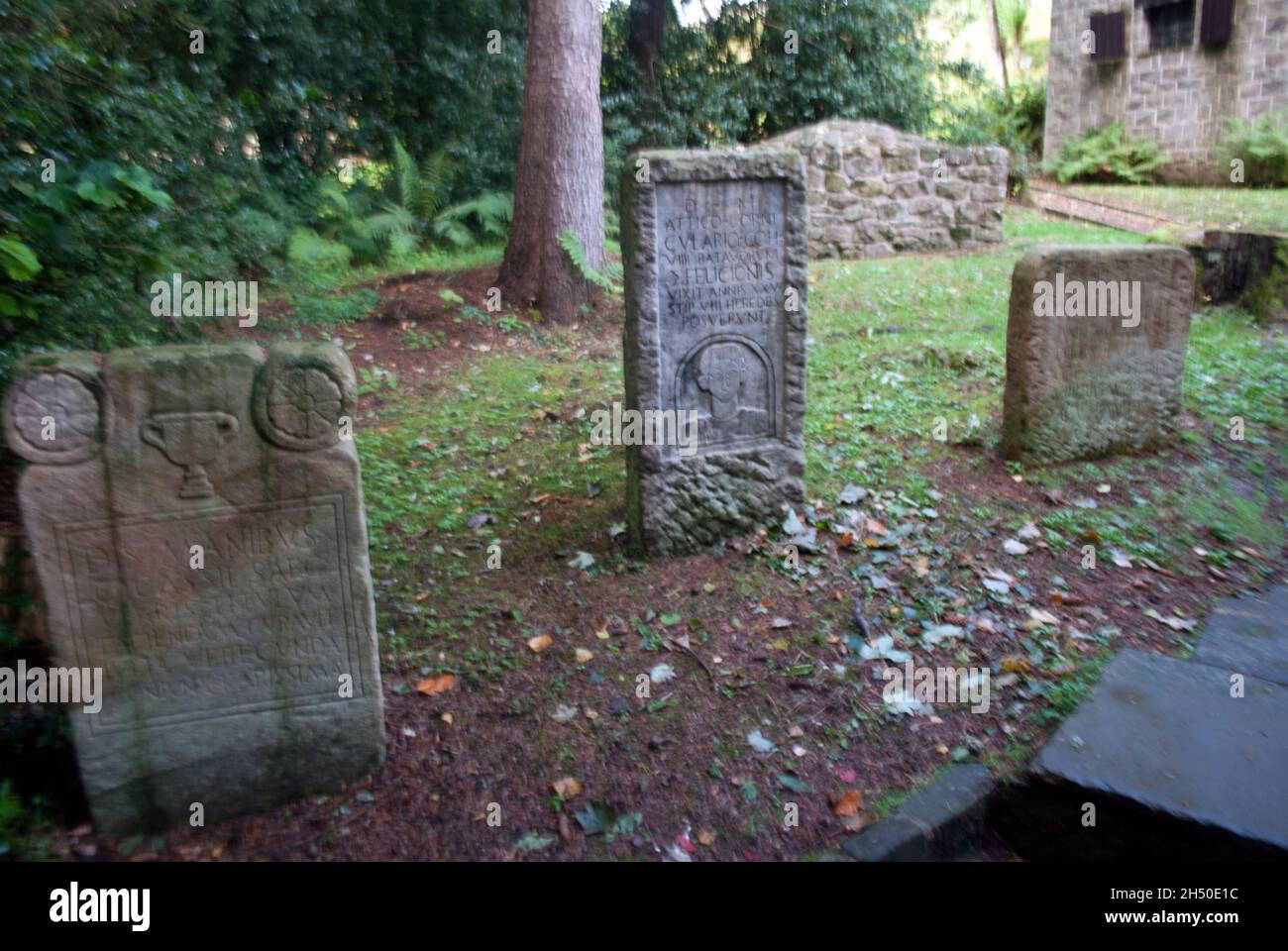 Replicas of pillars with inscriptions at Vindolanda Fort and museum ...