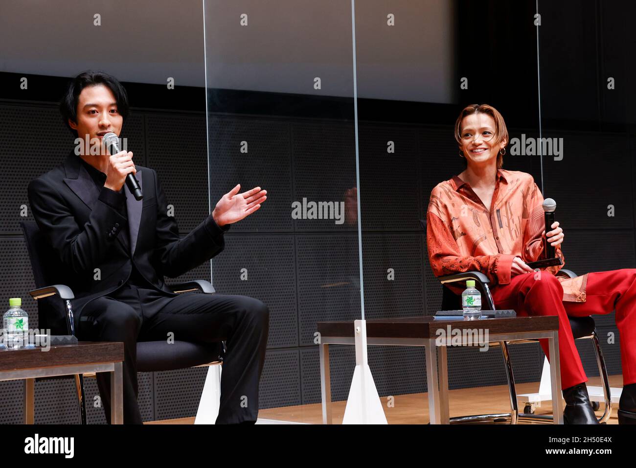 November 5, 2021, Tokyo, Japan: (L to R) Japanese actors Shu Watanabe and Ryosuke Miura, speak ...