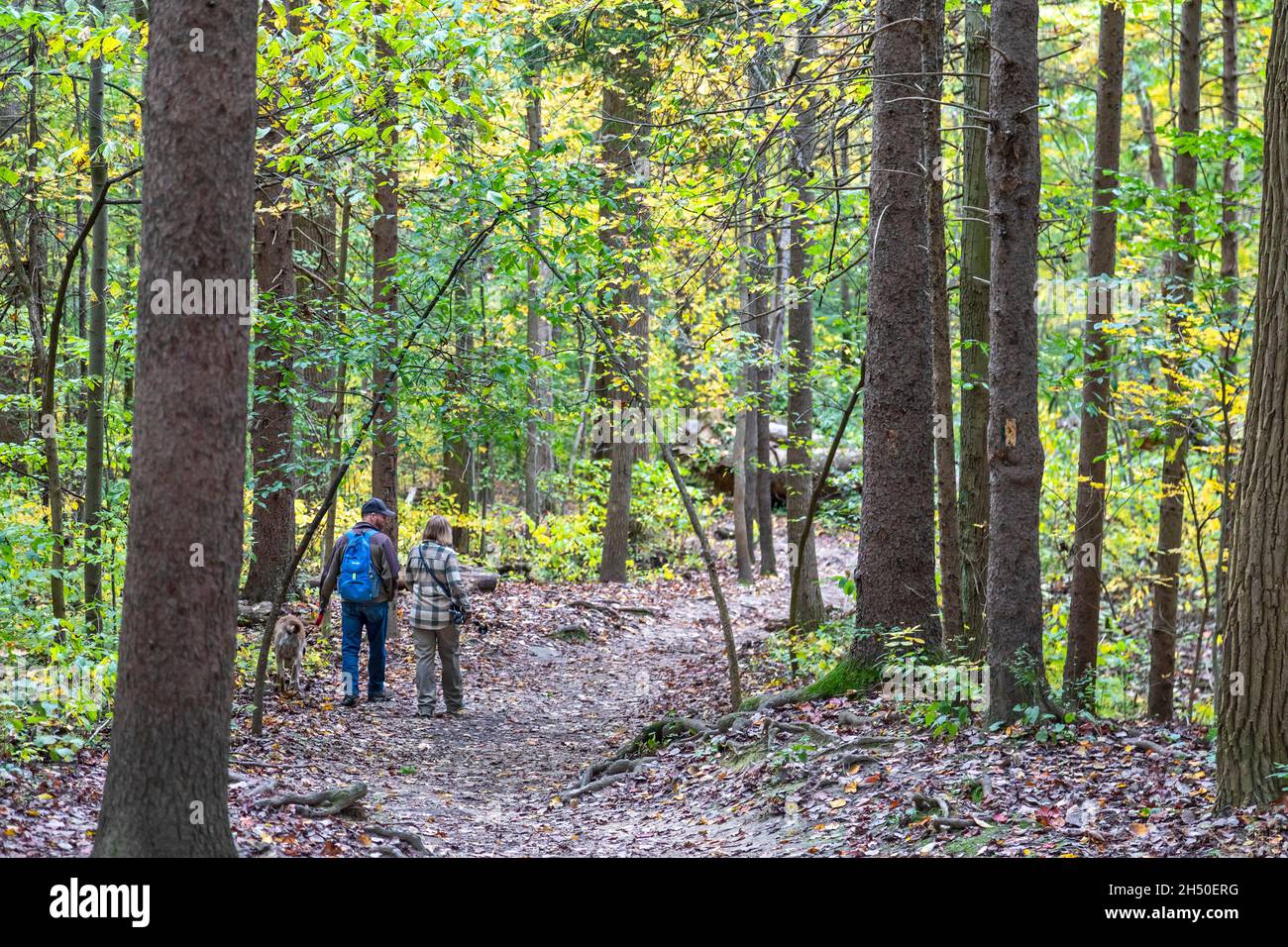 Logan, Ohio - Visitors hike on a trail in the Rock House section of ...
